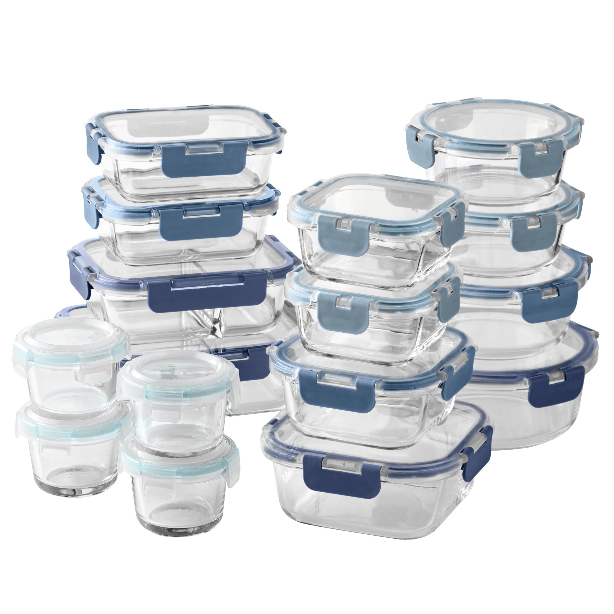 COOK WITH COLOR Premium 32-Pc. Borosilicate Glass Food Container Set with Dividers - 4 Rectangles, 8 Rounds, 4 Squares - Leakproof Lids - Meal Prep, Storage, Green