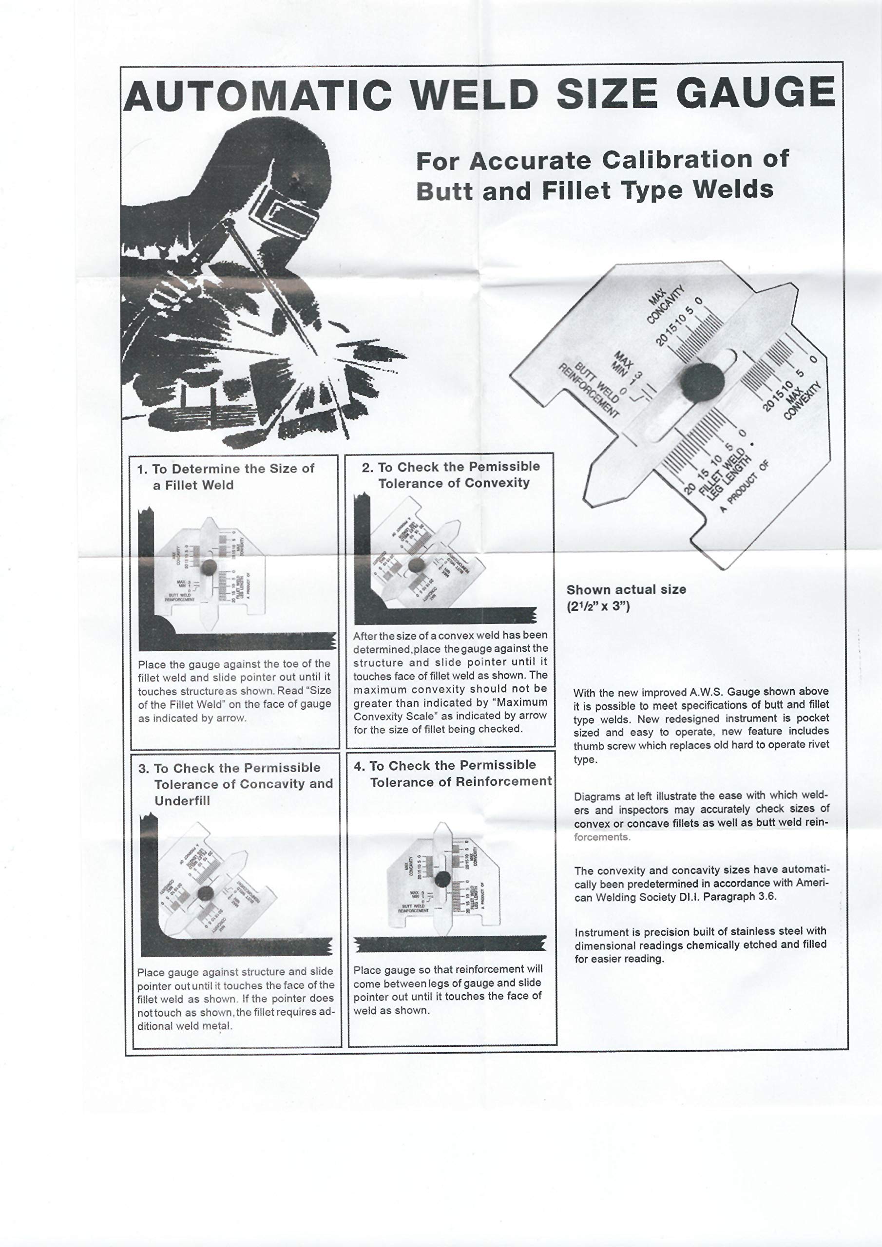 GZTIGWELD Automatic Weld Size Gauge Butt & Fillet Weld Welding Gauge Inch Stainless Steel