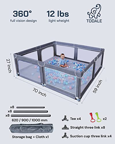 TODALE Baby Playpen for Toddler, Extra Large Baby Playard, Infant Safety Activity Center, Sturdy Babies Playpen with Anti-Slip Suckers,Tear-Resistant Material &Breathable Mesh (Grey 70βΓ59β)