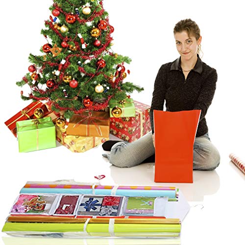 ProPik Hanging Double Sided Wrapping Paper Storage Organizer With Multiple Front And Back Pockets Organize Your Gift Wrap & Gift Bags Bows Ribbons 40”X17 Fits 40 Inch Rolls (White)