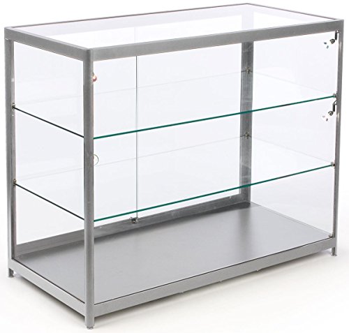 Displays2go Retail Display Counter with Lighting, Locking, Tempered Glass Shelves, Aluminum Frame – Clear, Silver (JBQCT48LED)
