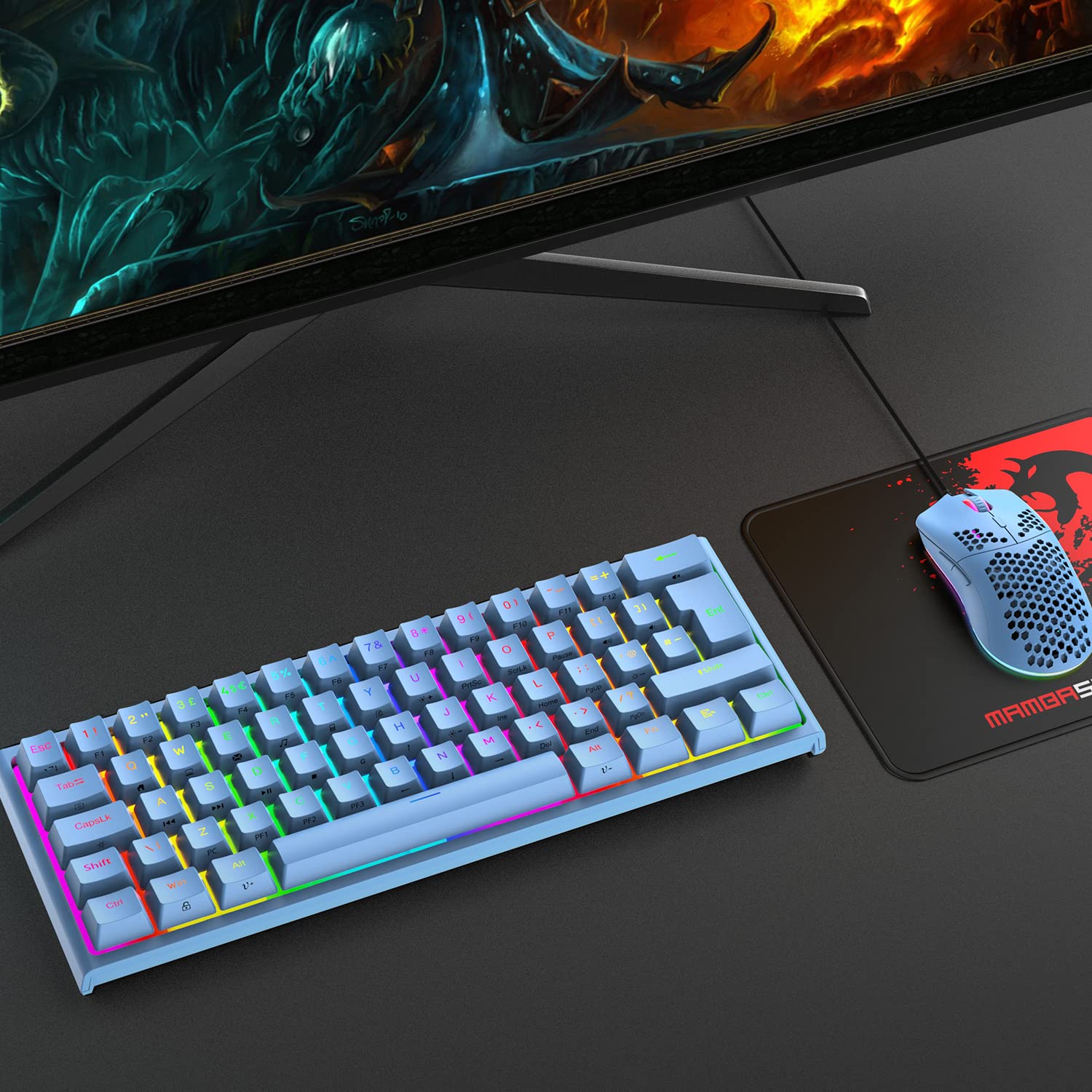 MAGIC-REFINER 60% Mechanical Gaming Keyboard Red Switch Mini 62 Keys Wired Type C 14 Backlit Effects,Lightweight RGB 6400 DPI Honeycomb Optical Mouse Mouse pad for Windows & Mac PC Gamer(Blue)