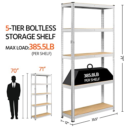 Topeakmart 2 PCS 5-Tier Utility Shelves, Metal Storage Shelves Garage Shelving Unit Adjustable Garage Storage Shelves Storage Racks Heavy Duty Shed Shelving- Silver, 35.5 x 12 x 71 Inch