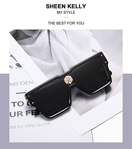 SHEEN KELLY Retro Square Sunglasses for Men Women Fashion Thick Flat Top Black Shades Diamond Eyewear
