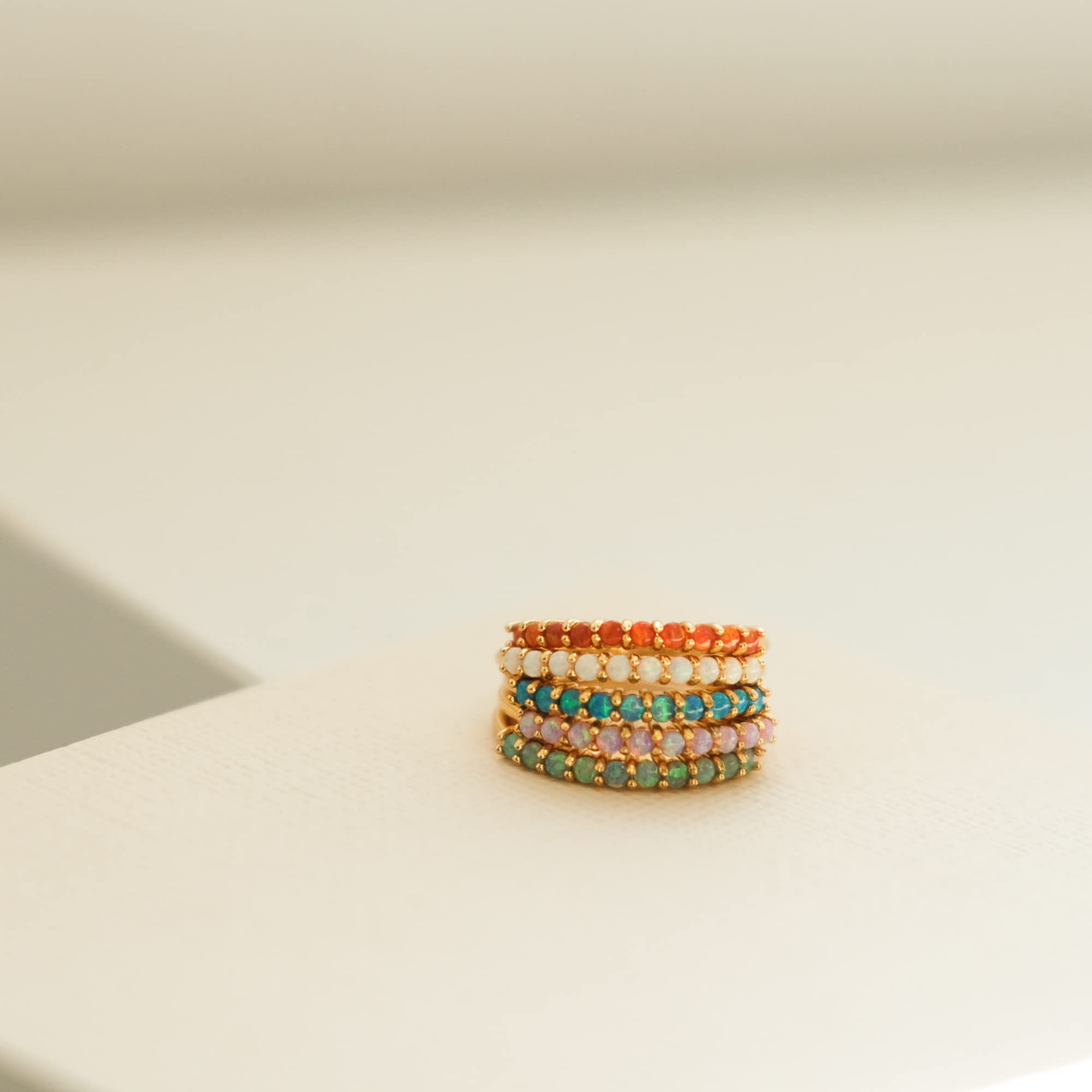 espere White Opal Half Eternity Band Wedding Ring | 18K Gold Plated Sterling Silver Dainty Linear Opal Stacking Bands | Minimalist October Birthstone Jewelry Gift for Her [Size 5]