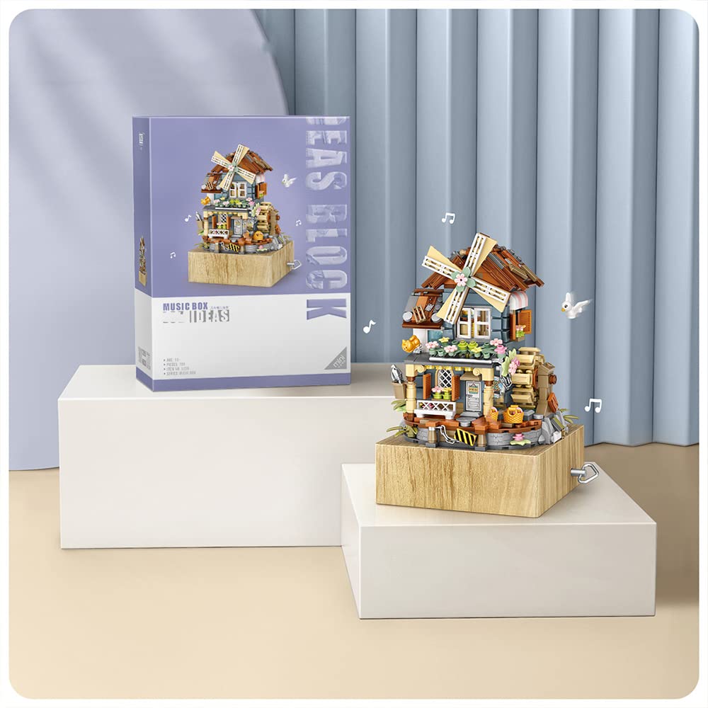 NIIZ Windmill Music Box Bricks Model Set, 799 Pieces Mini Bricks House Music Box Building Set, MOC Creative Street View Modular House Building Kit Construction Toy