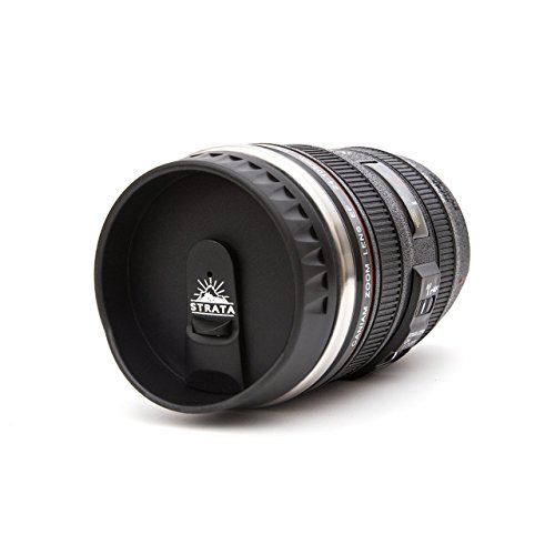 STRATA CUPS Camera Lens Coffee Mug -13.5oz, SUPER BUNDLE! (2 LIDS + SPOON) Stainless Steel Thermos, Sealed & Retractable Lids! Photographer Camera Mug, Travel Coffee Cup, Coffee Mugs for Men, Women
