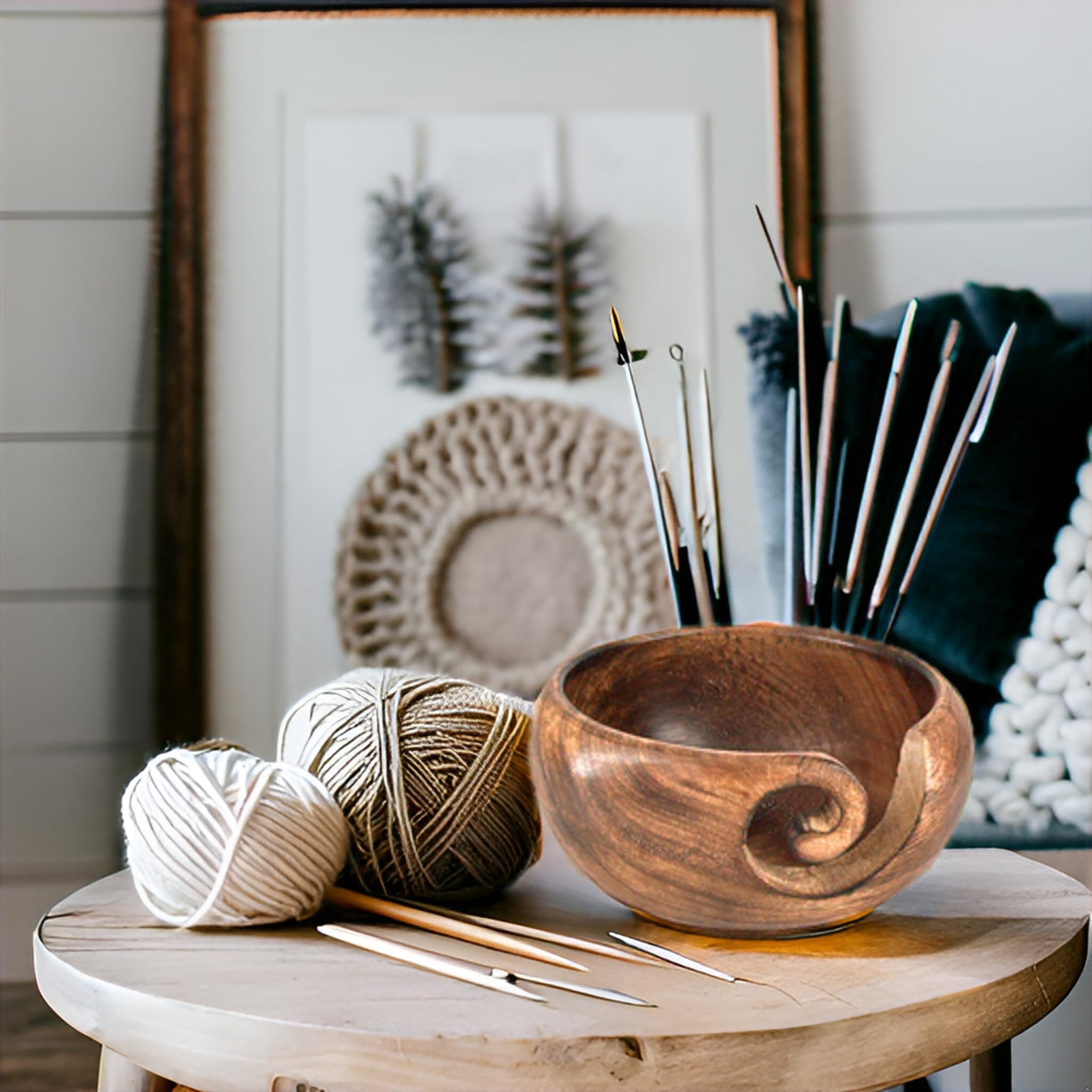 Earthly Home Wooden Yarn Bowl Handmade Yarn Bowl with Holes for Crocheting and Knitting Christmas Gift Crochet Accessories 5.5" x 3"