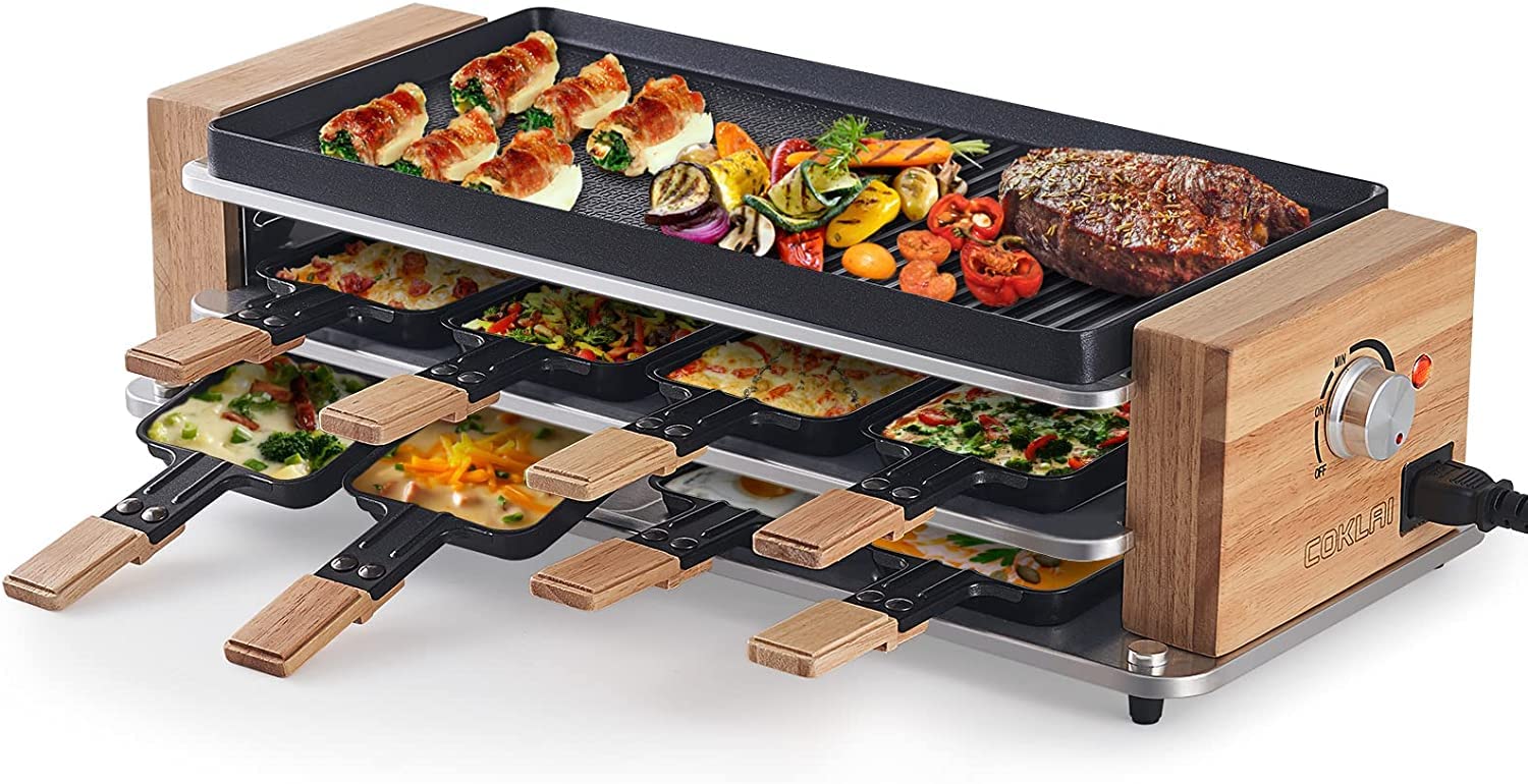 Raclette Table Grill, COKLAI Raclette Grill 8 Cheese Melter Pans 8 Spatulas Three-Tier Indoor Electric Grill, with Temperature Control and Removable Non-Stick Grillplate, Dishwasher Safe
