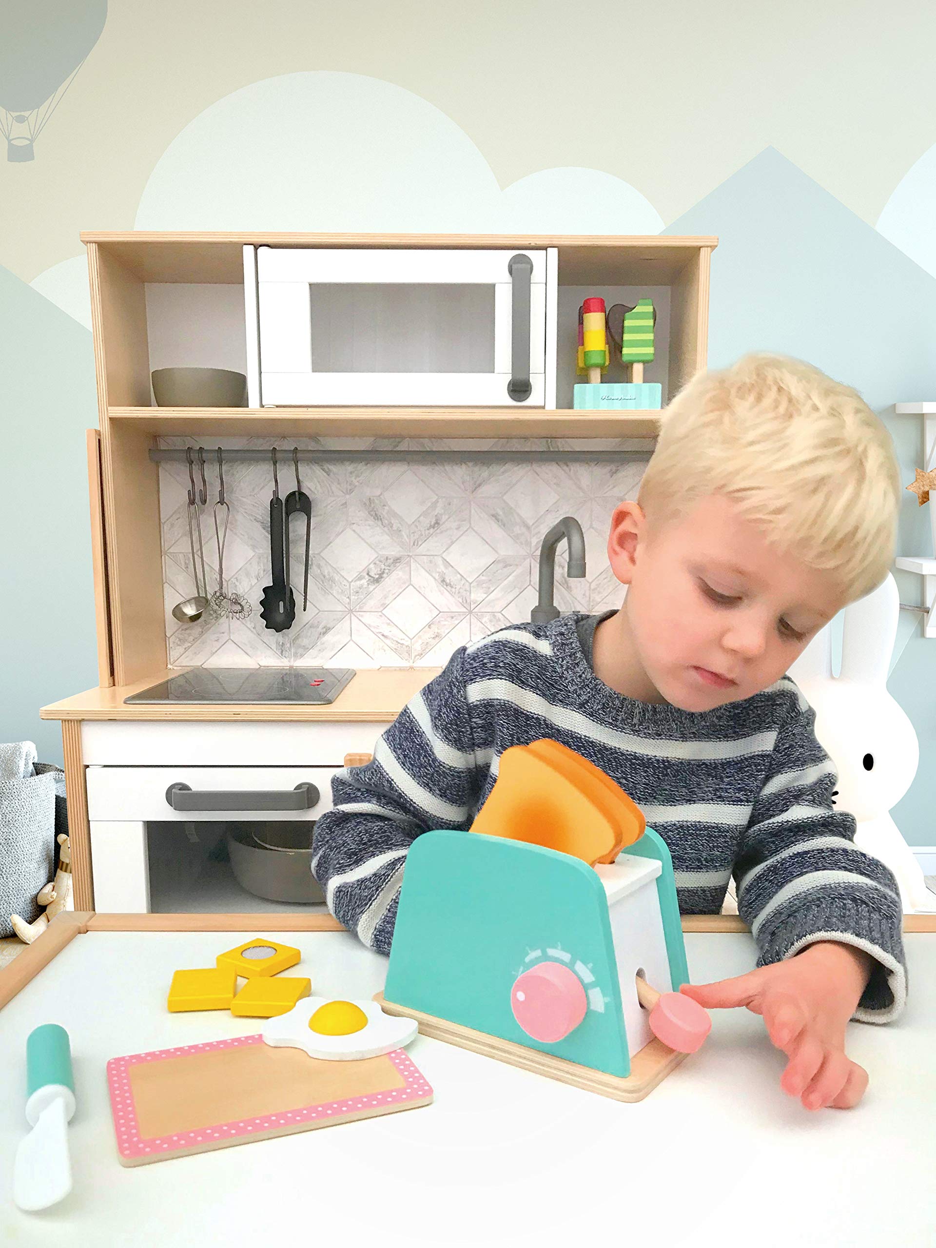 Toy Kitchen Wooden Pop-Up Toaster Play Set 10 Pcs, Interactive Early Learning Toaster, Exclusive Chopping Board, Knife, Poached Egg Honey Bear and Sliceable Butter, Fun and Colorful for Girls and Boys