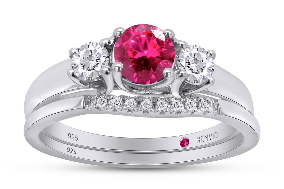 GEMVIO Collection Three Stone Ring, 5MM Round Lab Created Ruby Gemstone & Natural Diamond In 14K White Gold Over Sterling Silver Engagement Anniversary Wedding Bridal Set Ring(0.80Cttw)-7