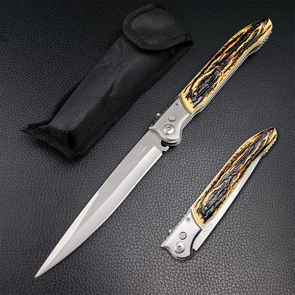 Generic EDC Push Button Lock 12"" Pocket Knife with Slide Safety Lock,Assisted Opening Folding Knives,Stainless Steel Blade and Wooden Pattern Handle,Combat Knife for Camping Hunting