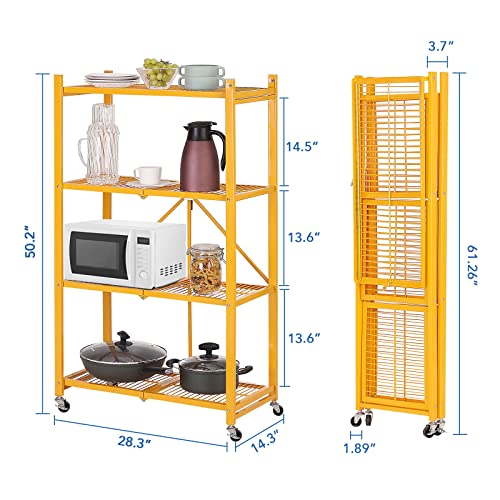 ShanSon Storage Shelves with Wheels 4 Tier Heavy Duty Foldable Metal Rack Storage Shelving Units for Garage Kitchen,Yellow