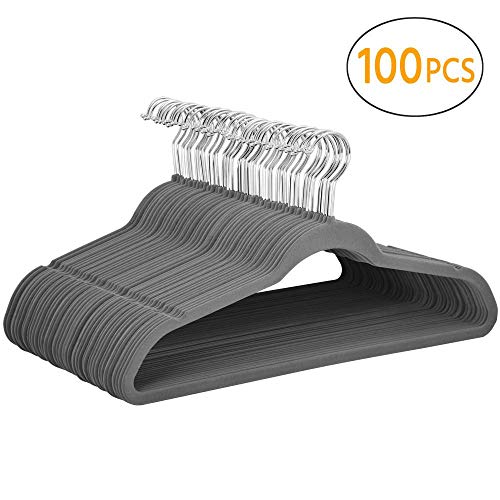 Yaheetech 100 Pack Non Slip Velvet Hangers Heavy Duty Suit Hangers Flocked Coat Suit Hangers Space Saving Clothes Hangers with 360° Swivel Hook, Gray