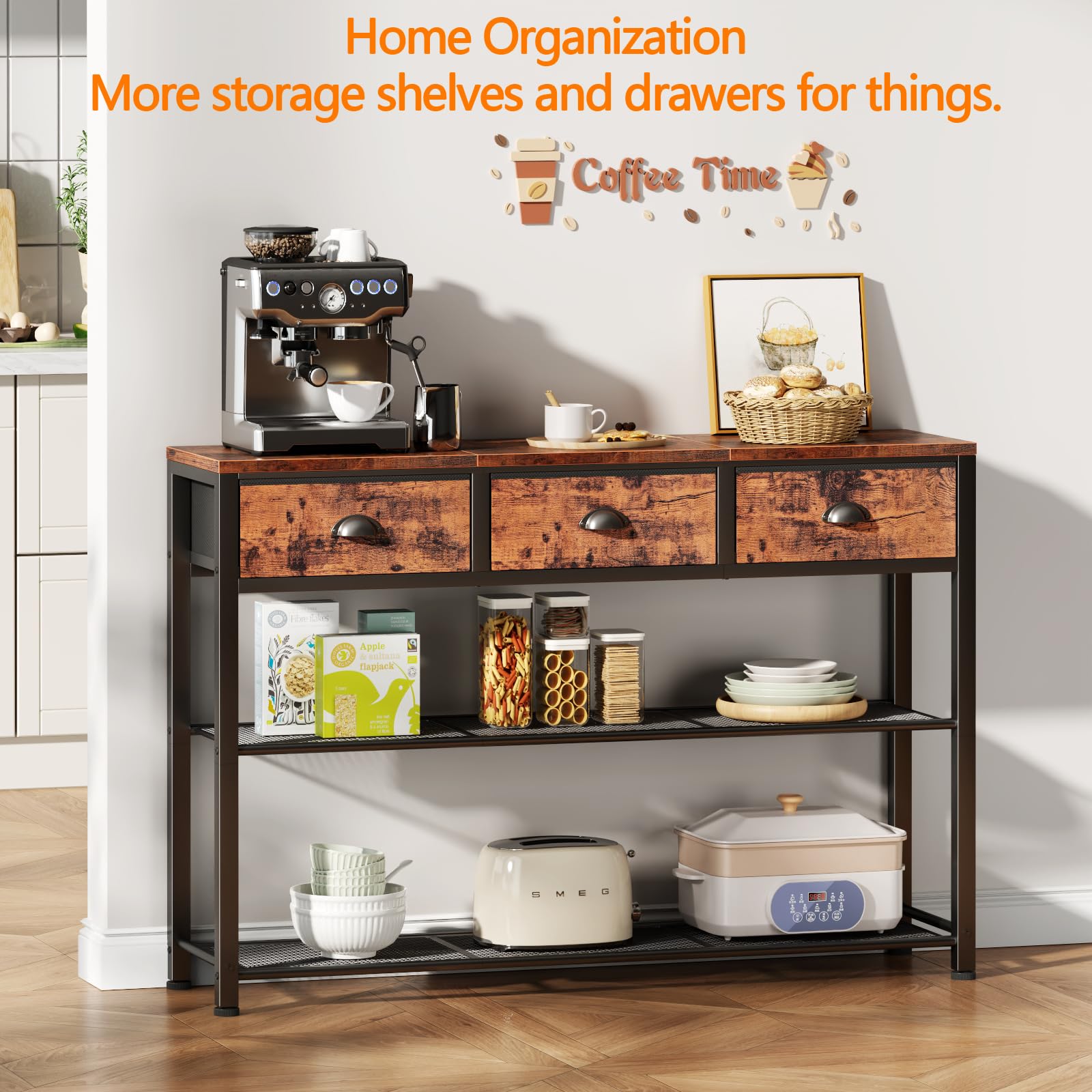Furologee Entryway Table, 38'' Console Sofa Table with 3 Fabric Drawers, Industrial Entry Way Table with Storage Shelves, Display Shelf for Living Room, Hallway, Entrance, Foyer, Rustic Brown
