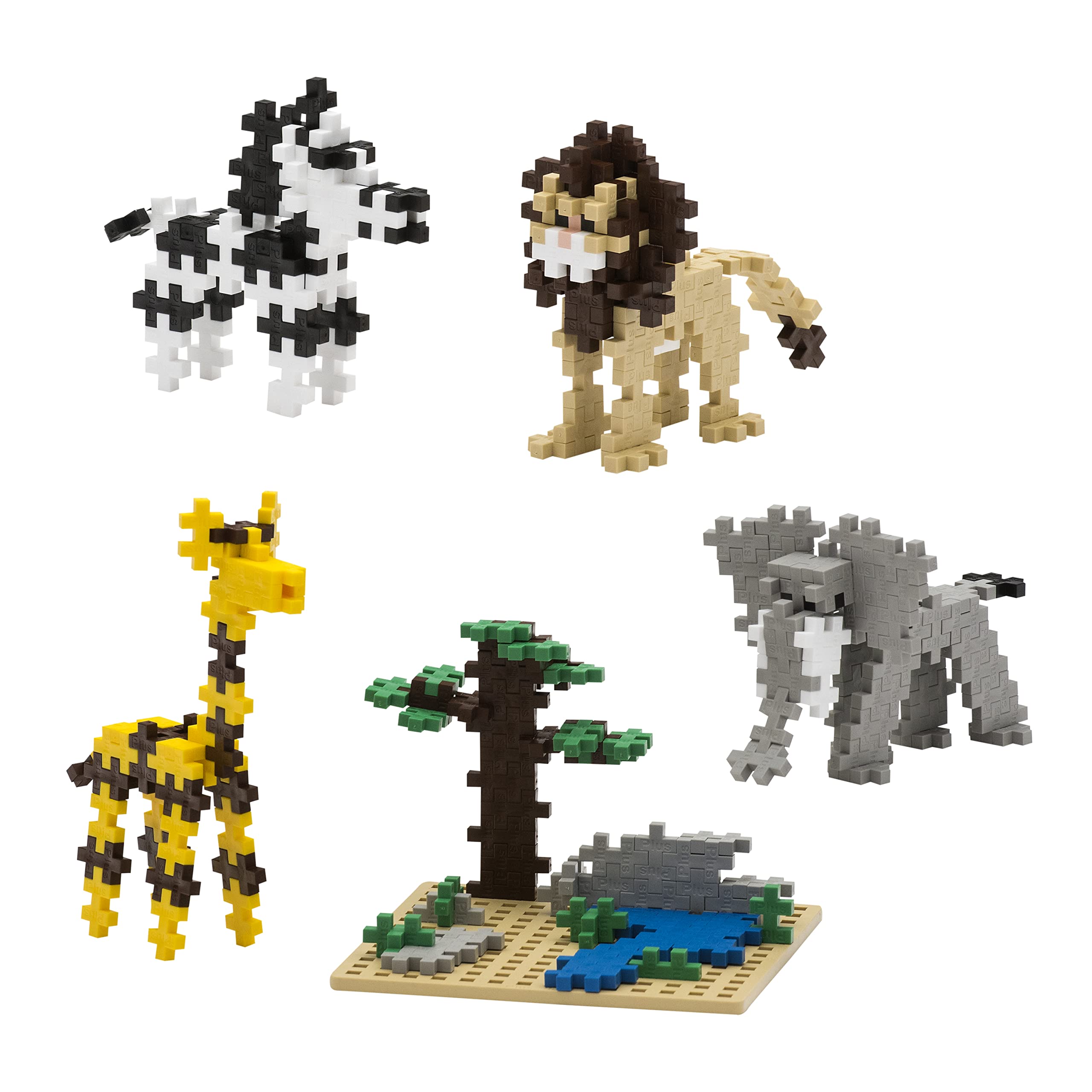 PLUS PLUS - Safari 5 Piece Playset Bundle, Baseplate & 70 Piece Tubes - Construction Building Stem/Steam Toy, Interlocking Mini Puzzle Blocks for Kids