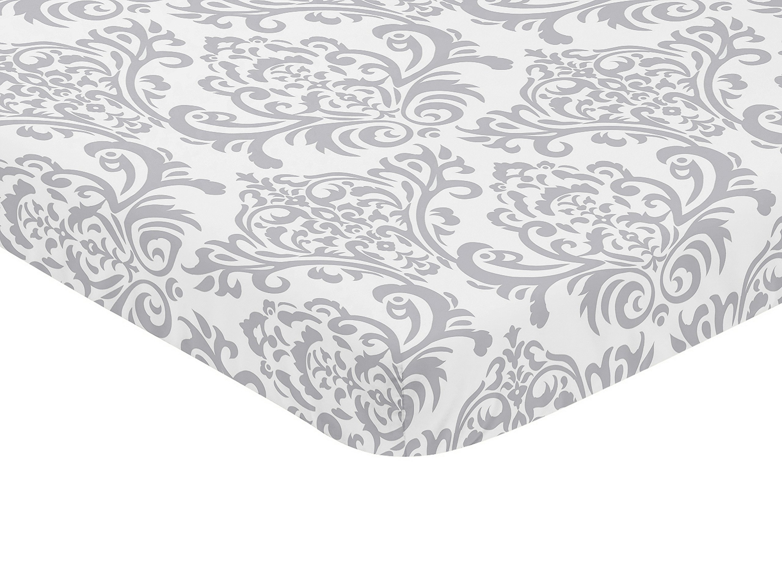 Sweet Jojo Designs Gray and White Damask Baby Girl Fitted Mini Portable Crib Sheet for Elizabeth Collection - for Mini Crib or Pack and Play ONLY