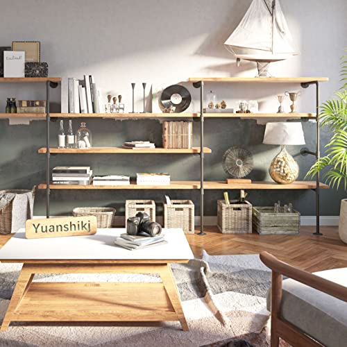 Yuanshikj 2Pc (56" tall 12"deep 3/4") Industrial Wall Mount iron Pipe Shelf Shelves Shelving Bracket Vintage Retro Black Open Bookshelf Bookcase DIY Storage office Kitchen (2 Pcs 4Tier Hardware only )