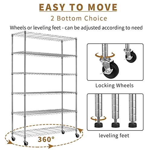 YYkokocat Wire Shelving Unit 2100LB Capacity Metal Shelves 82" H× 48L×18W 6 Tier Adjustable Storage Shelf w/Wheels Heavy Duty Shelves NSF Wire Rack Shelving for Kitchen Office Garage, Chrome…