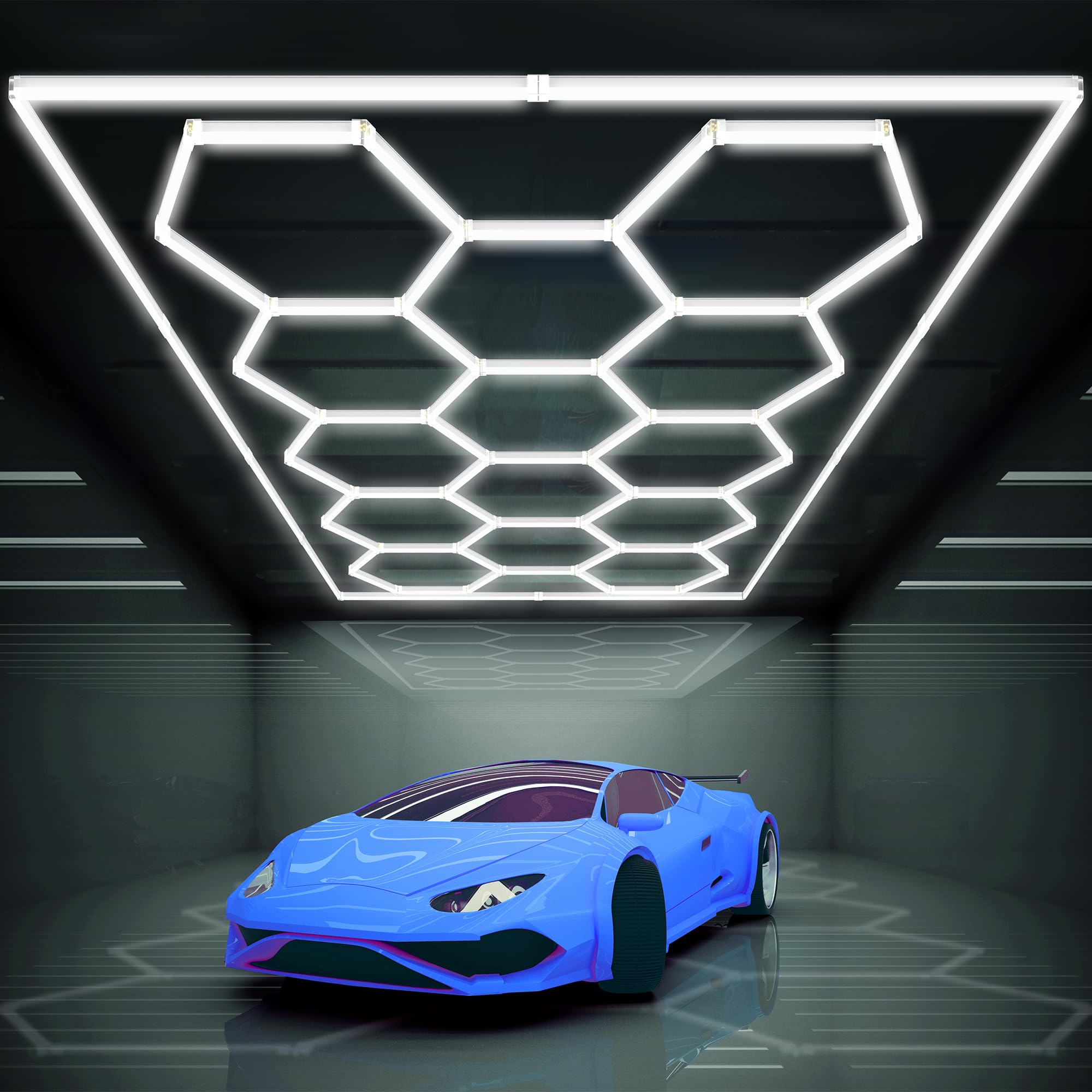 TEPU Garage Hexagon LED Lights 8'X16', 720W 86400LM 6500K White Super Bright 14 Grid Hexagon Ceiling Light, Hexagon Garage Lights with Rectangle Frame, Suitable for Garages Barber Shop Gyms Basements