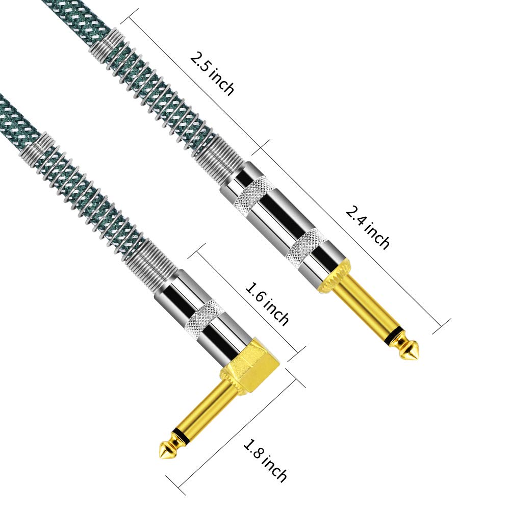 tisino Guitar Cable 10 ft, 1/4 inch Cable Straight to Right Angle Guitar Cord Instrument Cable for Electric Guitar, Bass, Amp, Keyboard, Mandolin - Green