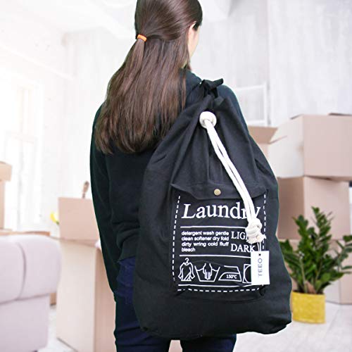 Teeo - College Laundry Bag - Dorm Room Essentials for College Students - Laundry Bag for Travel - Dirty Clothes Bag - Backpack Large 25βX20β Drawstring 100% Sturdy Cotton Canvas (1, Black/White)