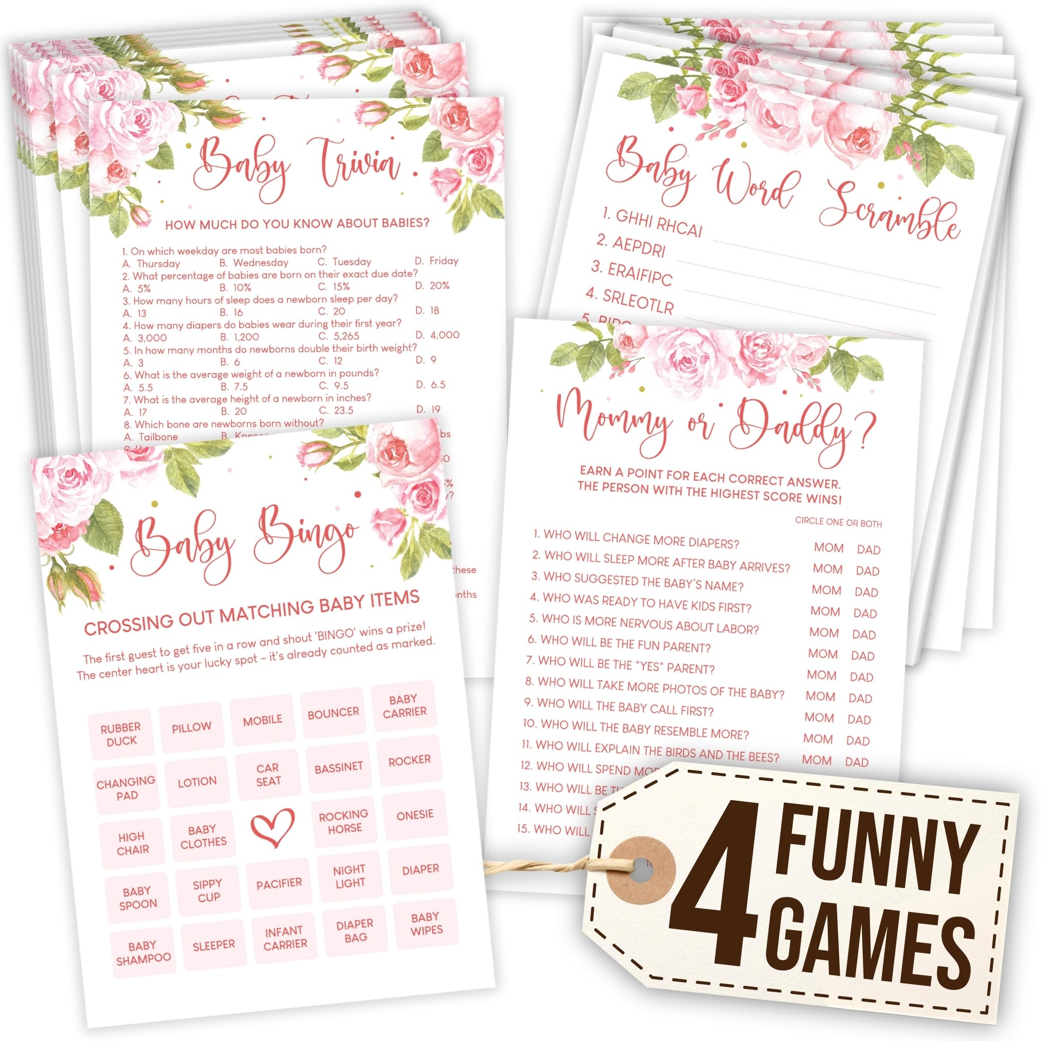 WOODAMORE Funny Baby Shower Games for Girl - Baby Shower Bingo Game, Baby Shower Word Scramble Card, Floral Baby Shower Activities for 25 Guests, Baby Trivia Mommy Or Daddy Game for Baby Shower Decor