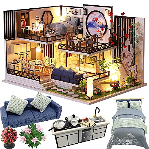 Kisoy Dollhouse Miniature with Furniture Kit, Handmade Chinese Style Loft DIY House Model for Teens Adult Gift (Bamboo Fragrance)