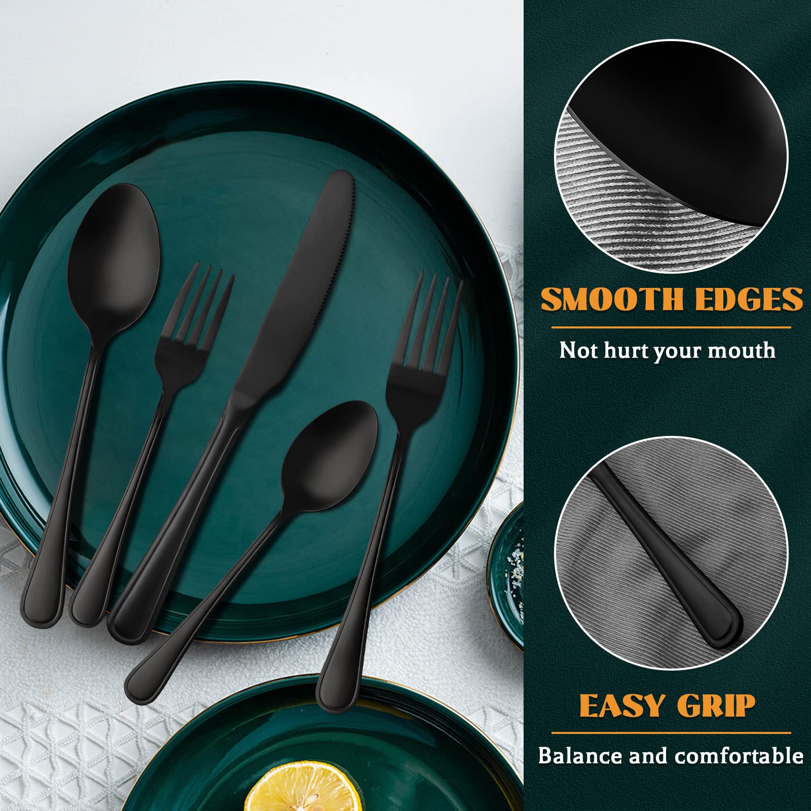 KONIGEEHRE 60 PCS Matte Black Silverware Set for 12, Stainless Steel Flatware Cutlery Set For Home Restaurant Hotel, Kitchen Utensils Set, Mirror Polished, Dishwasher Safe