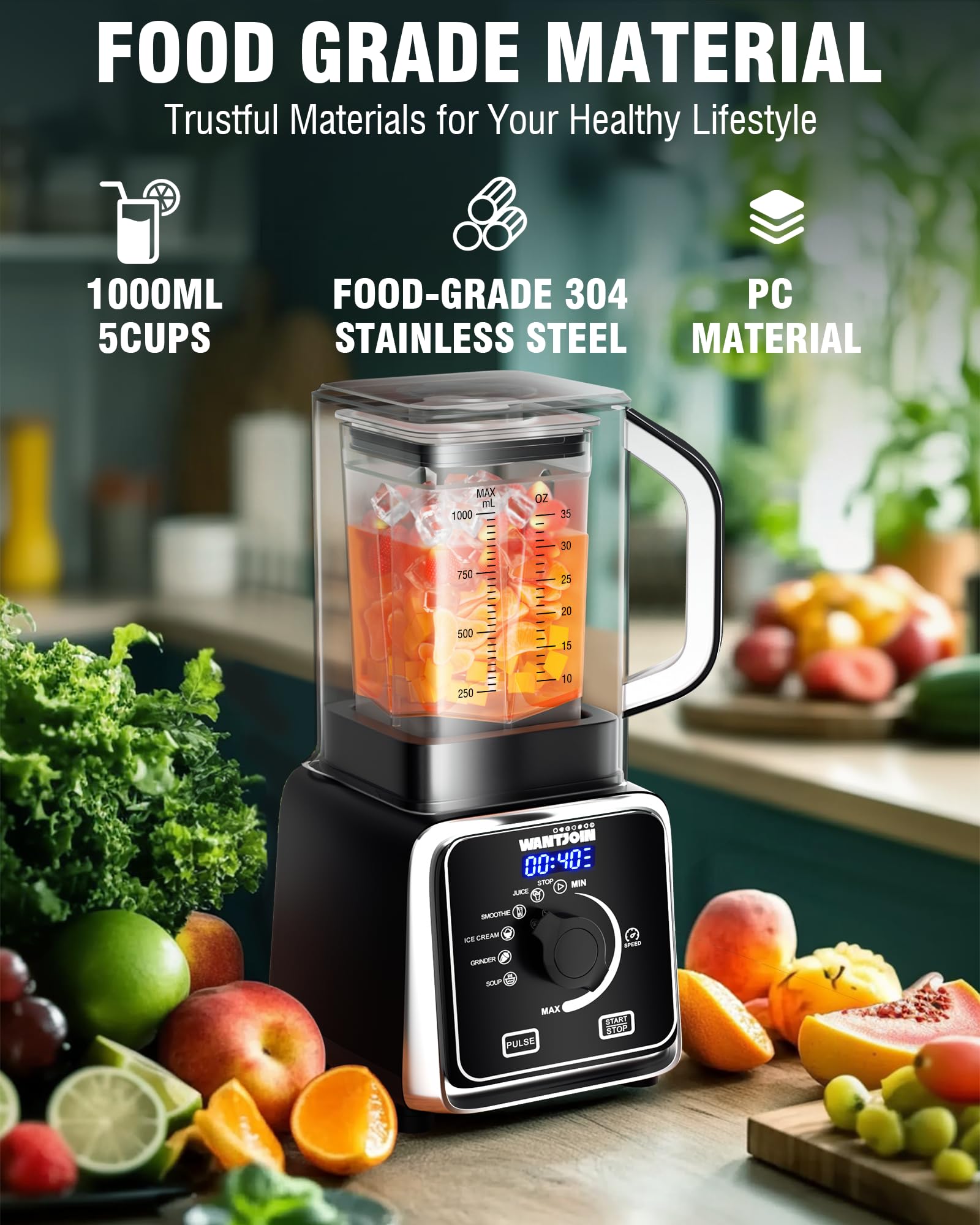 WantJoin Blender for Kitchen with Sound Shield Silent Blender Professional Countertop Quiet Blender Self-Cleaning Multifunctional for Milk Shakes Smoothie Juice Commercial Home 34Oz/1L Capacity