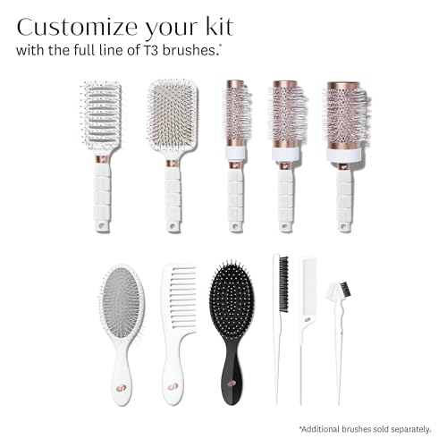 T3 Volume Round Hair Brush CeramicCoated Barrel Vented Round Brush for Blow Drying Heat Resistant Bristles, White/Rose Gold