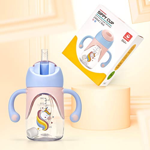 Sippy Cups for Baby 6+ Months Unicorns Sippy Cup for 1+ Year Old - 2 in 1 Spout & Straw Baby Sippy Cups 6-12 months Toddler No Spill Transition Weighted Straw Sippy Cup - 8 oz. (1 Cup with 2 Nipples)