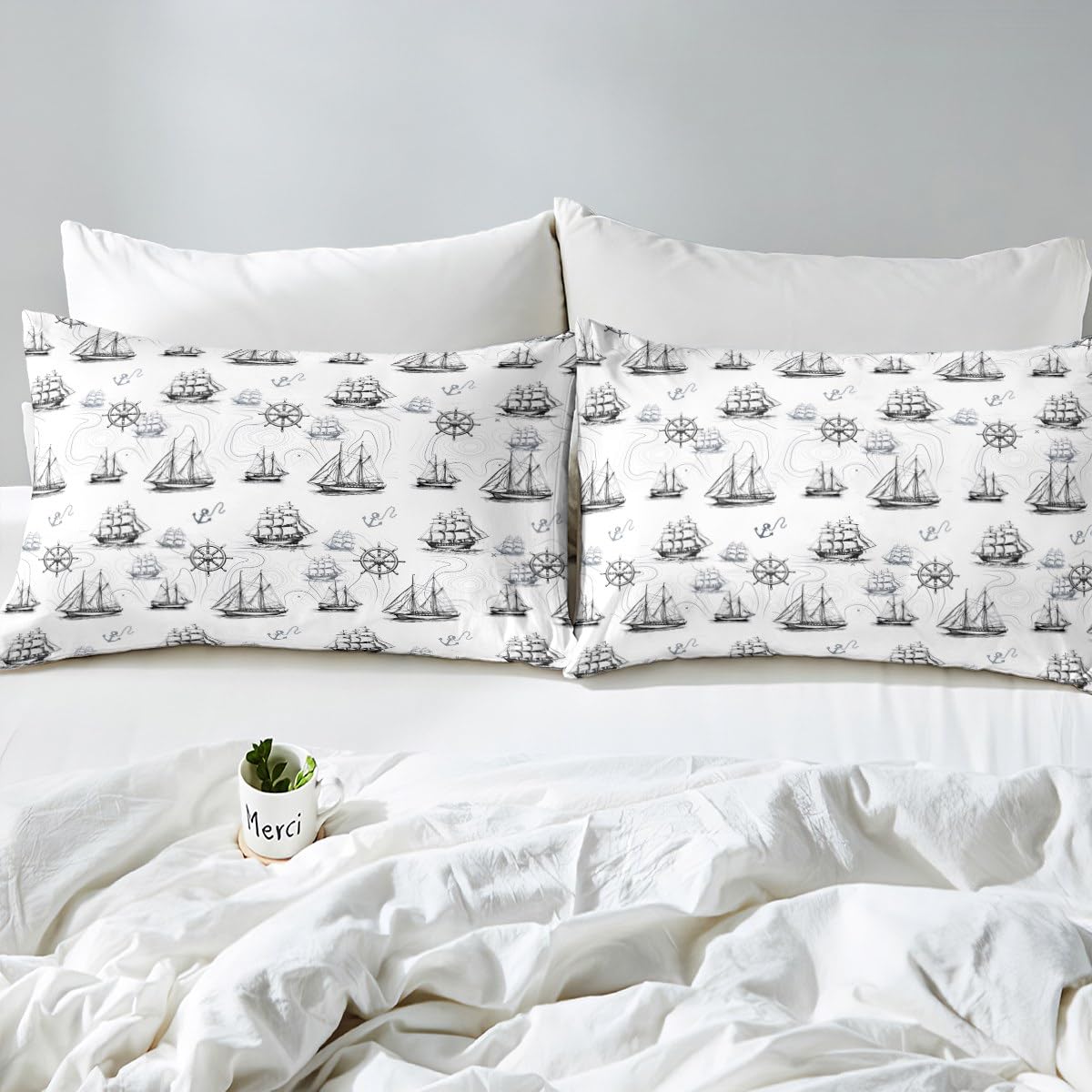 Feelyou Nautical Bedding Set Full Size Boat Print Comforter Cover Set for Kids Teens Adults Ancher Pattern Duvet Cover Ocean Themed Black White Bedspread Cover Room Decor 3Pcs with 2 Pillow Case