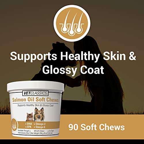 Vet Classics Salmon Oil Pet Supplement for Healthy Skin, Glossy Coats β Dog Coat Supplement, Cat Skin Supplement β Includes Omega-3, 6, 9, Source of DHA, EPA β Soft Chews 90 Ct.
