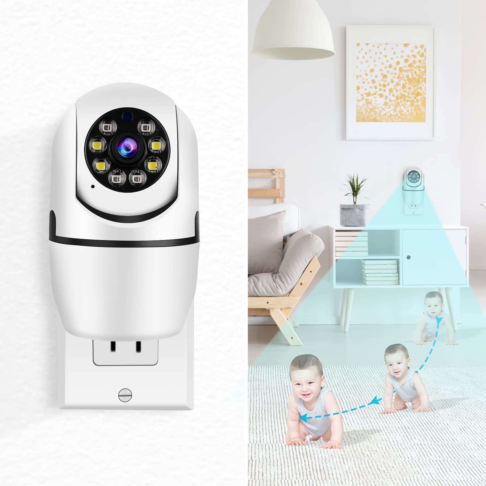 P Panoraxy Wireless Home Indoor Security Camera with Plug, 360° View 2.4G WiFi Baby Dog Camera, Motion Detection, Auto Tracking, Dual-Way Talk, HD 1080P Pan Tile Full Color Night Vision