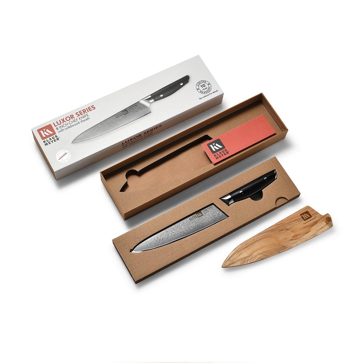 Klaus Meyer Luxor 8 Inch Chef Knife, Damascus Kitchen Knife, VG10 High Carbon Stainless Steel Japanese Chefs Knife with Wood Sheath