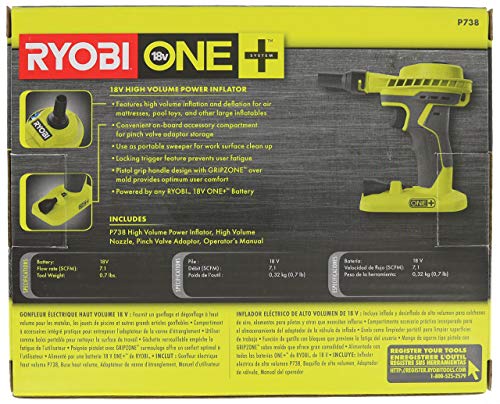 Ryobi P738 18V One+ Lithium Ion 18V One+ High Volume Power Inflator / Battery Powered Deflator for Mattresses and Recreational Inflatables (Renewed)
