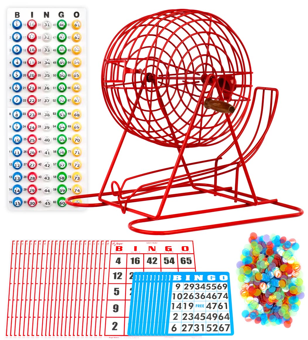 Regal Bingo Professional Bingo Game Set with 11" Wheel Cage, 75 Bingo Balls, Master Board, 18 Bingo Cards & 25 Jumbo Reusable Cards, and Colorful Chips - Bingo Games for Adults Large Group - Red