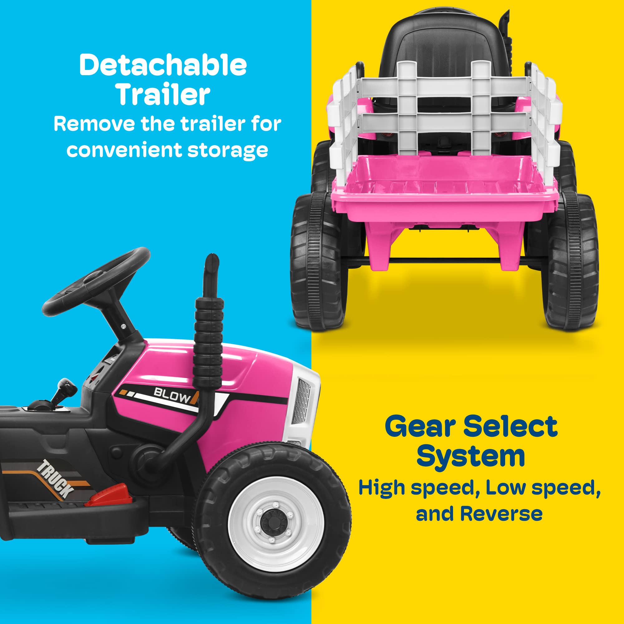 Kidzone 12V 7AH Treaded Tires with Dual 25W Motors Remote Control Battery Powered Electric Tractor with Trailer Toddler Ride On Toy with 3-Gear-Shift 7-LED Lights, MP3 Audio - Pink