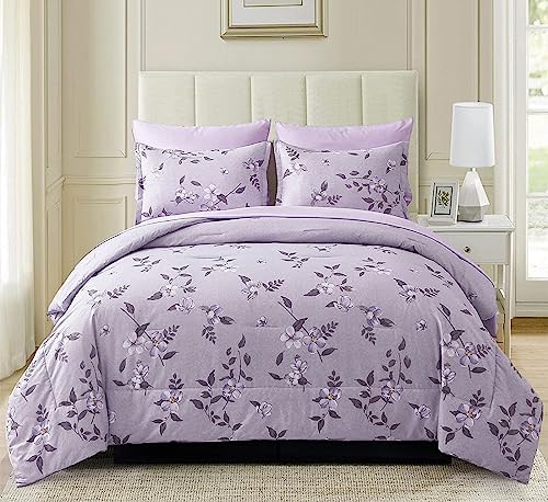Yiran 7 Pieces Bed in a Bag Purple Botanical Plant Flowers Comforter Set Soft Microfiber Bedding Queen Comforter Sets with 1 Comforter 2 Pillowshams 1 Flat Sheet 1 Fitted Sheet and 2 Pillowcases