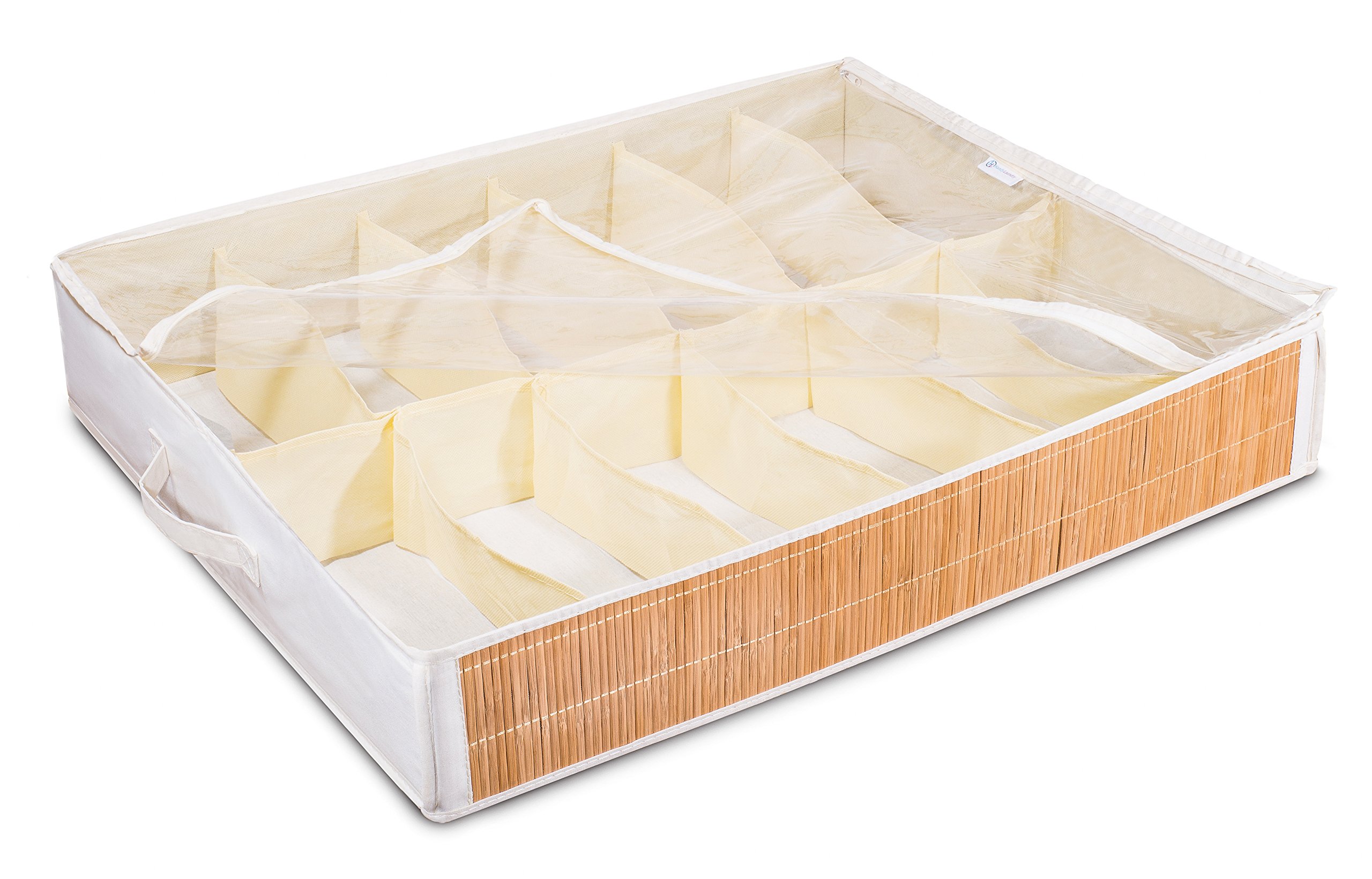 Under The Bed Shoe Organizer - Keep Your Shoes Organized with Storage for Up to Twelve Pairs of Shoes. Decorative Bamboo Siding, Easily Visible with Clear Cover and Protected from Moisture and Dust.