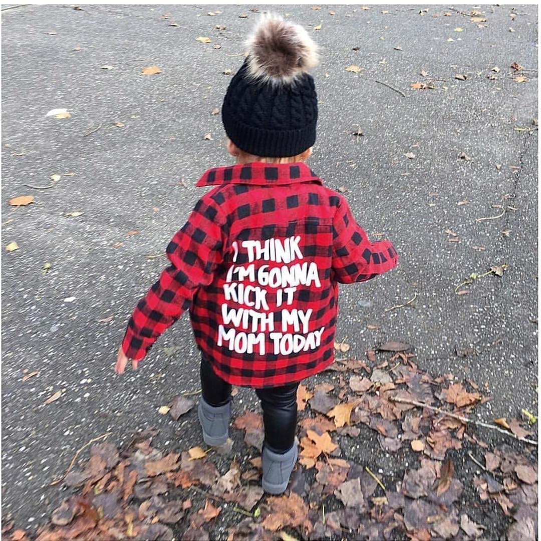 Toddler Baby Boys Girls Flannel Plaid Shirt Long Sleeve Lepel Button Down Back Letters Print Shacket Coat Top (Red Kick It with Mom,1-2 Years)