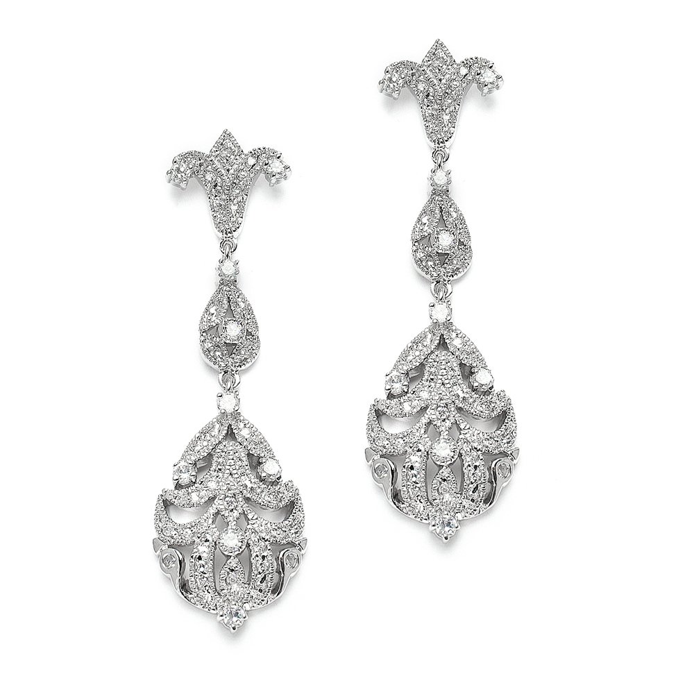 Mariell 1920's CZ Dangle Vintage Wedding Earrings for Brides - Genuine Platinum Plated Antique Jewelry