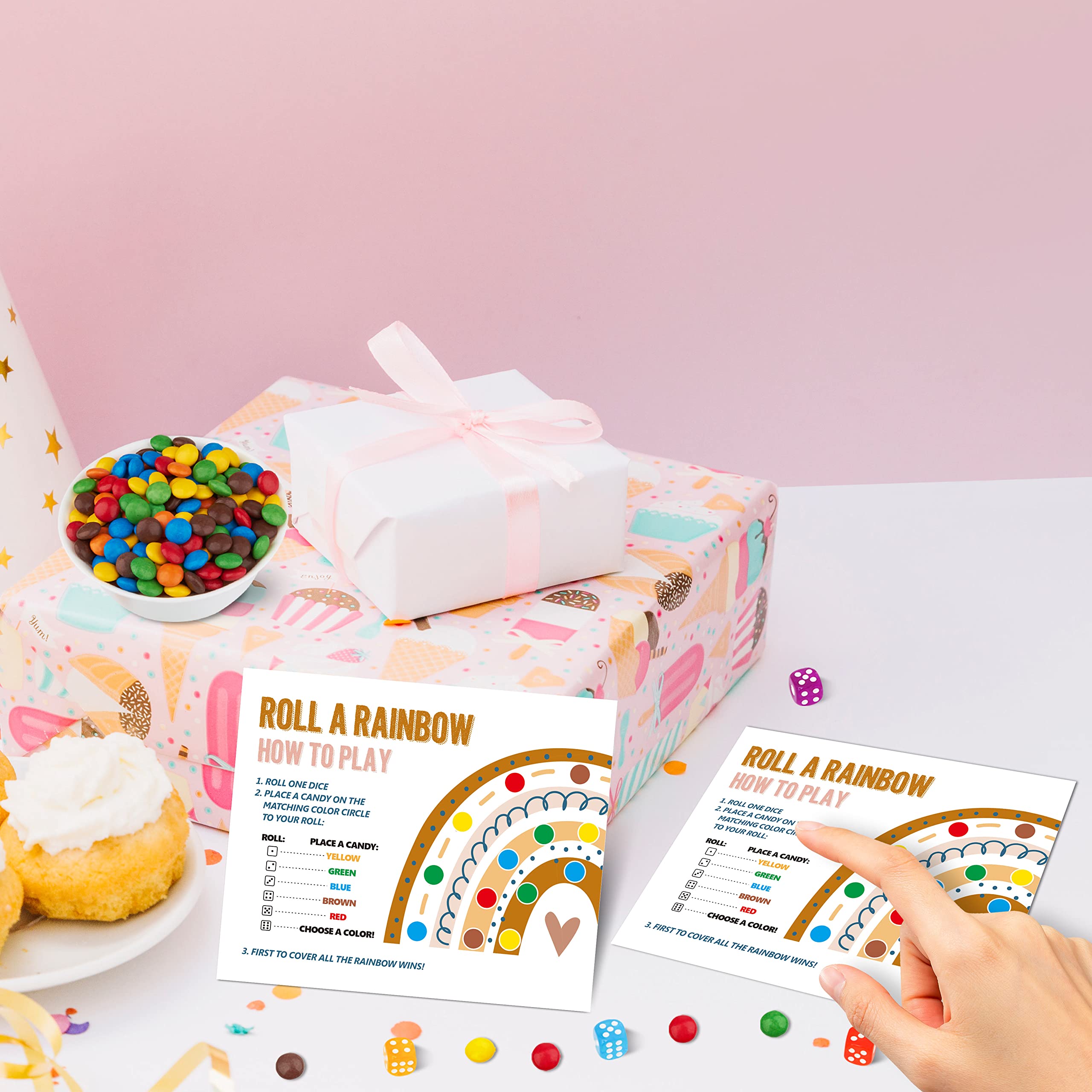 Roll The Dice Game, Baby Shower and Birthday Party Kids Table Game, Roll A Rainbow, 20 Play Cards 20 Colored Dices (ONE-b05)