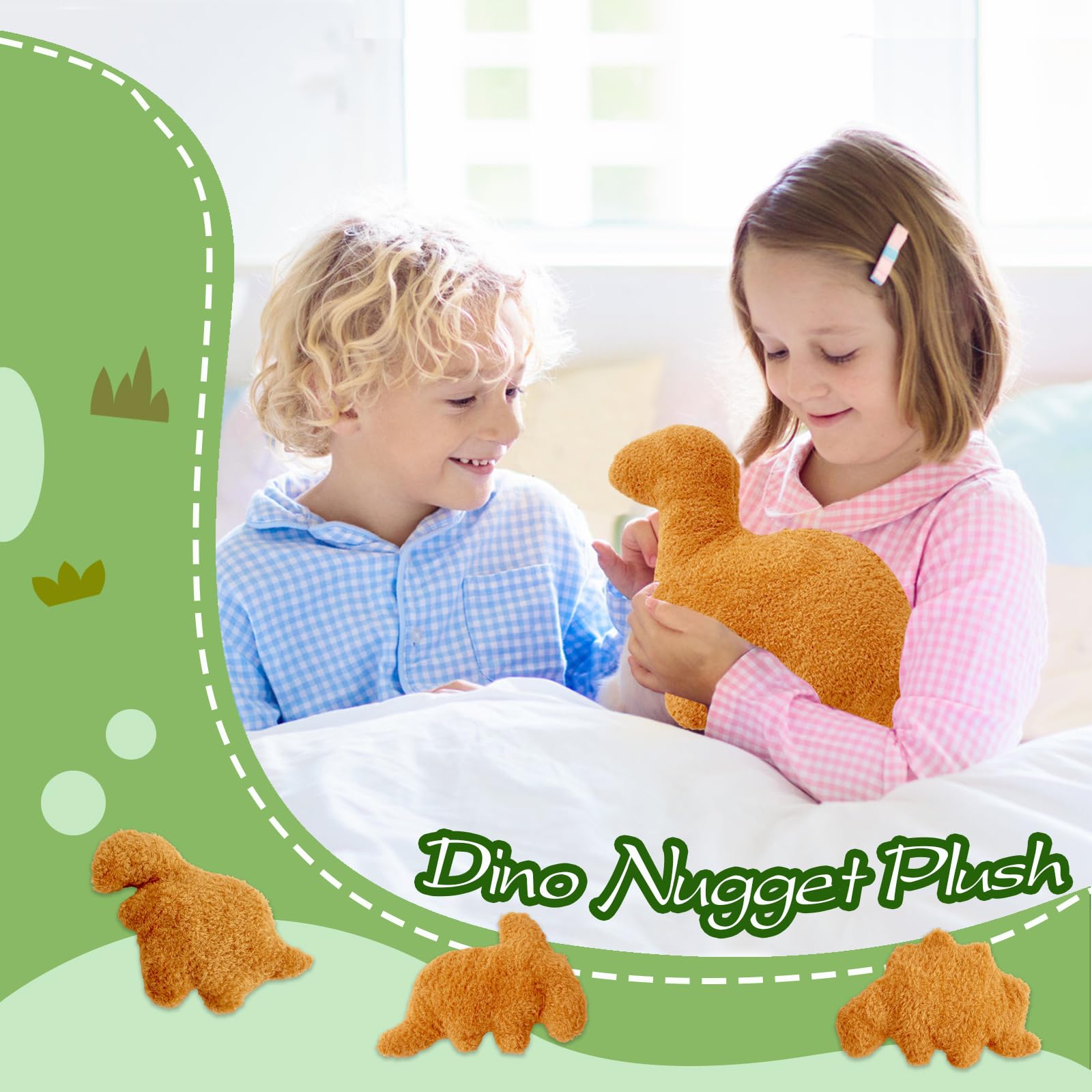 Niurewan 4 Pcs Dino Nugget Pillow Set,Large Chicken Nugget Plush with 3 Small Dinosaur Plush Toys,Dino Stuffed Animal for Birthday Gift Party Favors