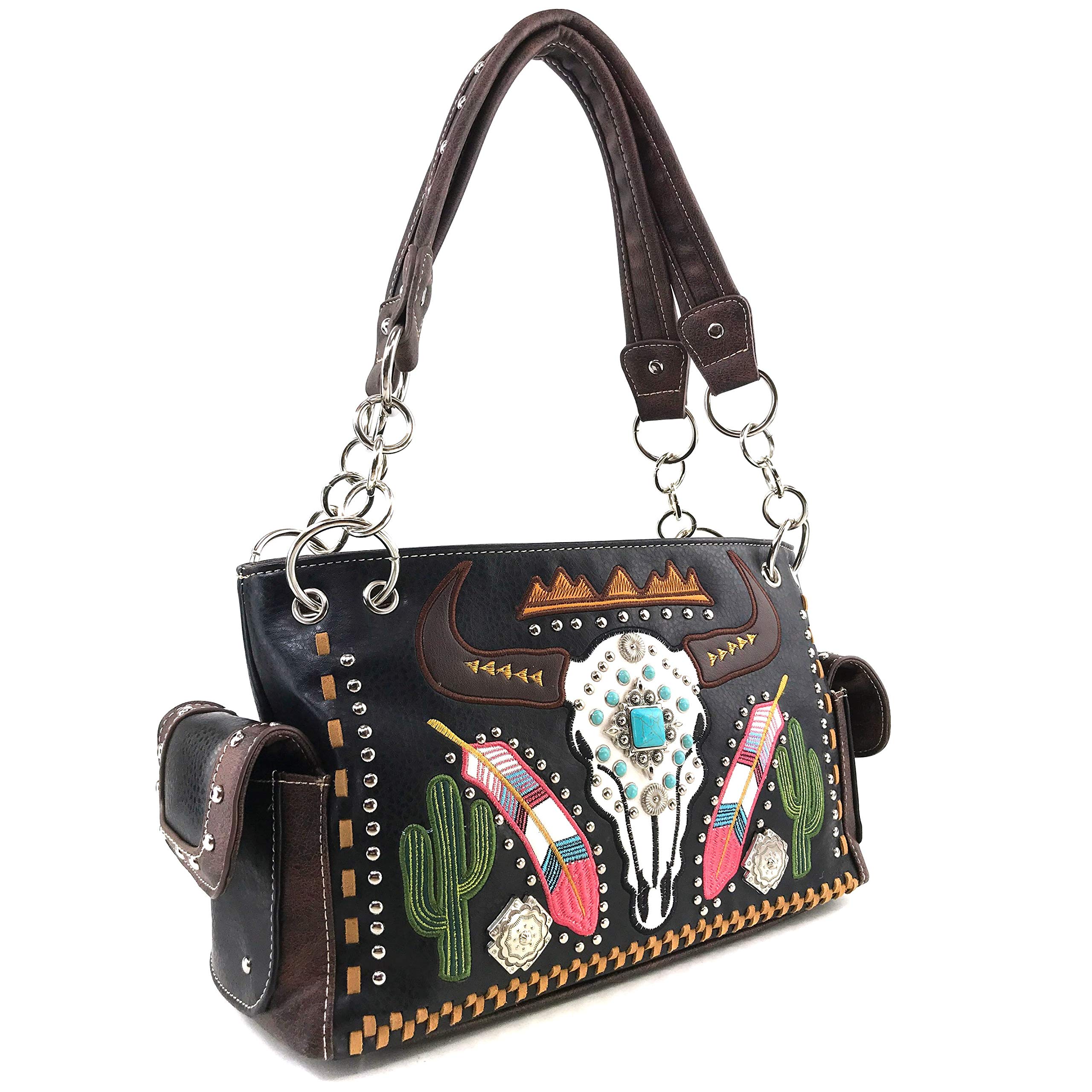 Zelris Longhorn Skull Embroidered Feather Cactus Design Women Conceal Carry CCW Shoulder Handbag Purse with Wallet Set (Black)