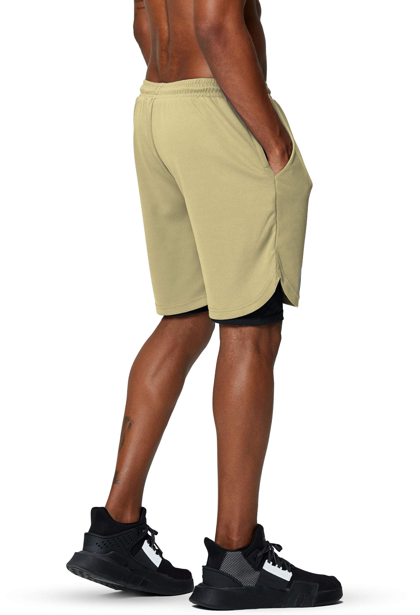 Pinkbomb Men's 2 in 1 Running Shorts Gym Workout Quick Dry Mens Shorts with Phone Pocket (Khaki, Medium
