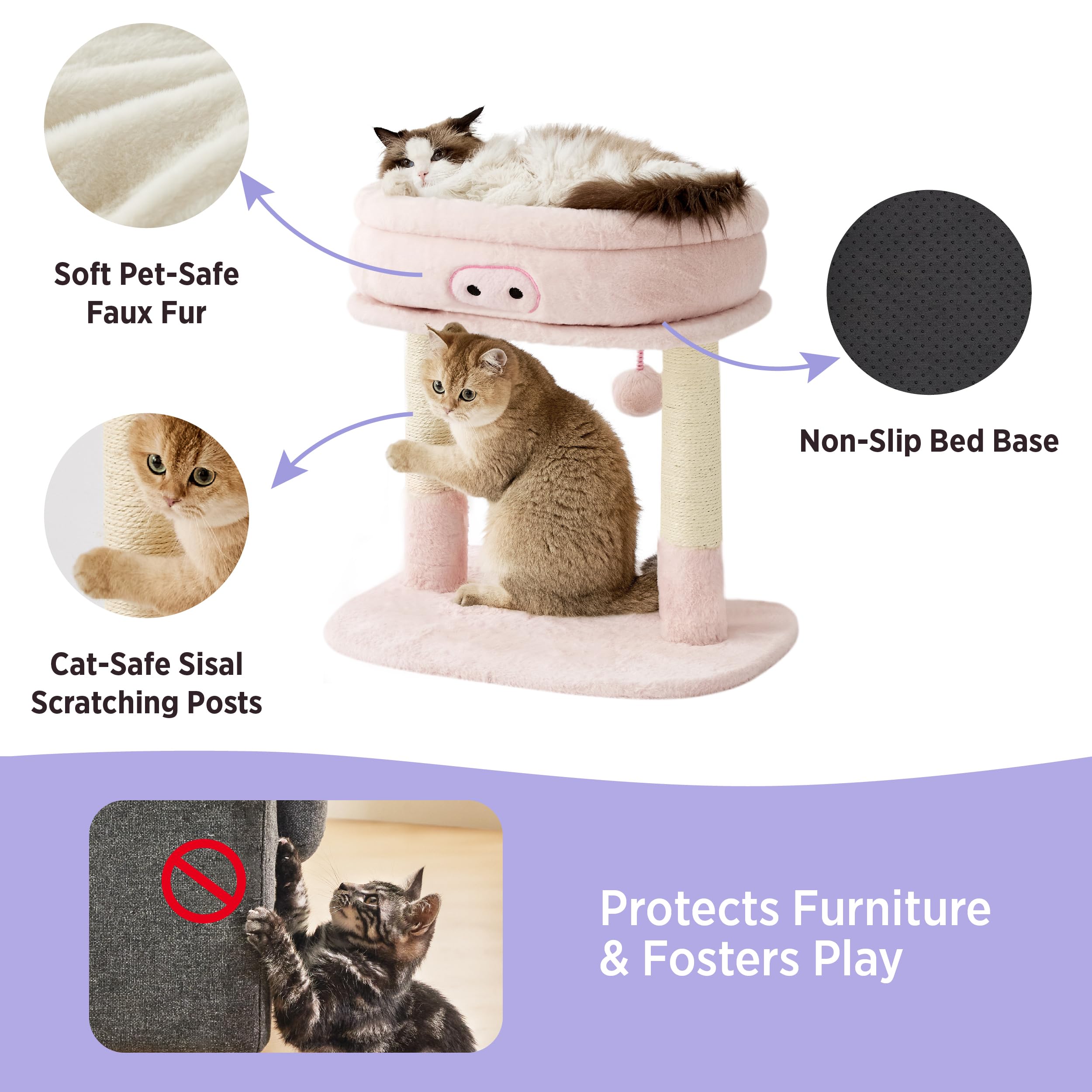 Lesure Cute Cat Tree Tower - Cat Tower with Nature Sisal Scratching Post for Indoor Large Cats and Kittens, Featuring with Soft Removable Cat Bed,Wide Perch, Playful Toy, 22x16.5x22.8in,Pink