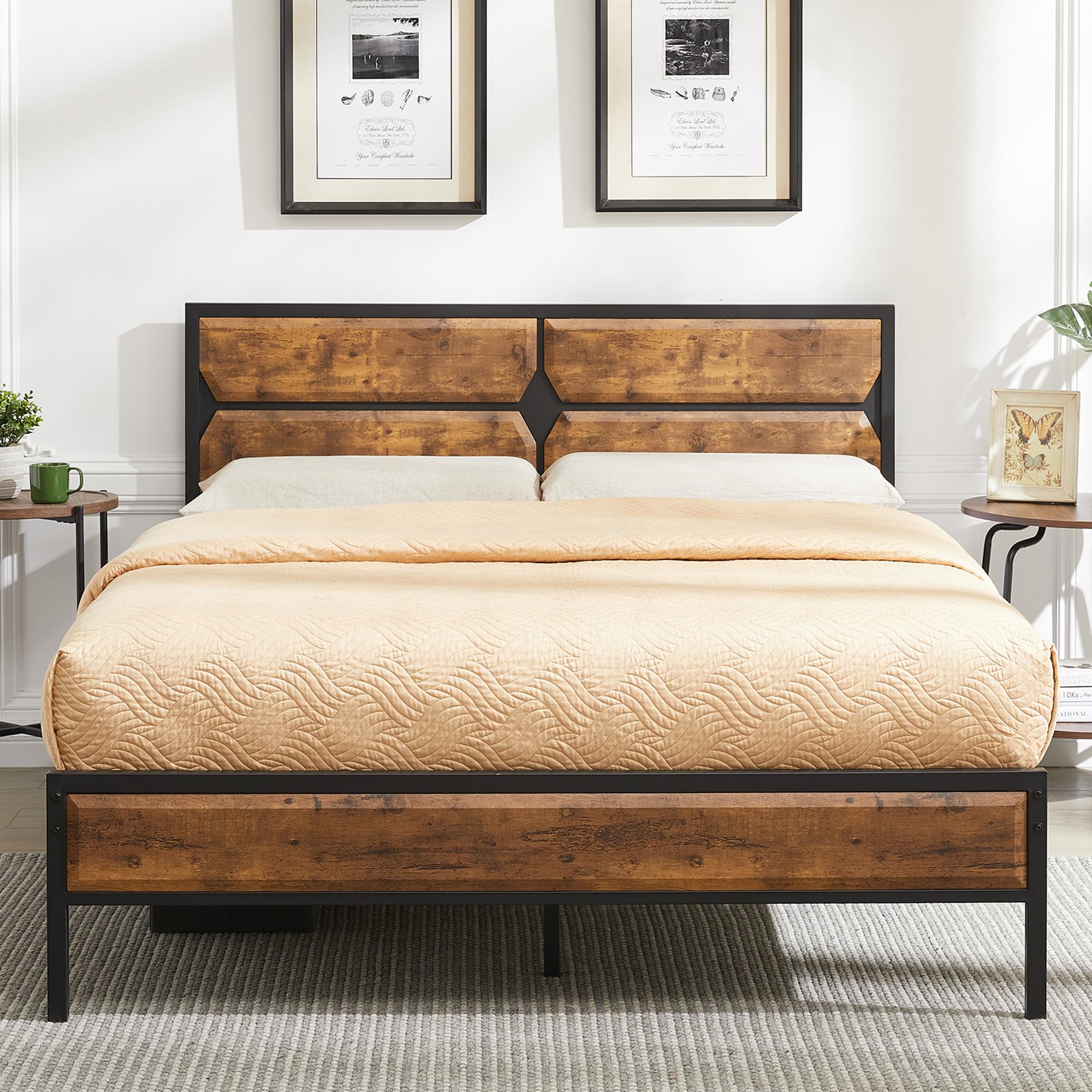 VECELO Full Bed Frame Metal Platform with Wooden Headboard & Footboard Mattress Foundation Strong Metal Slats Support No Box Spring Replacement/Easy Assemble