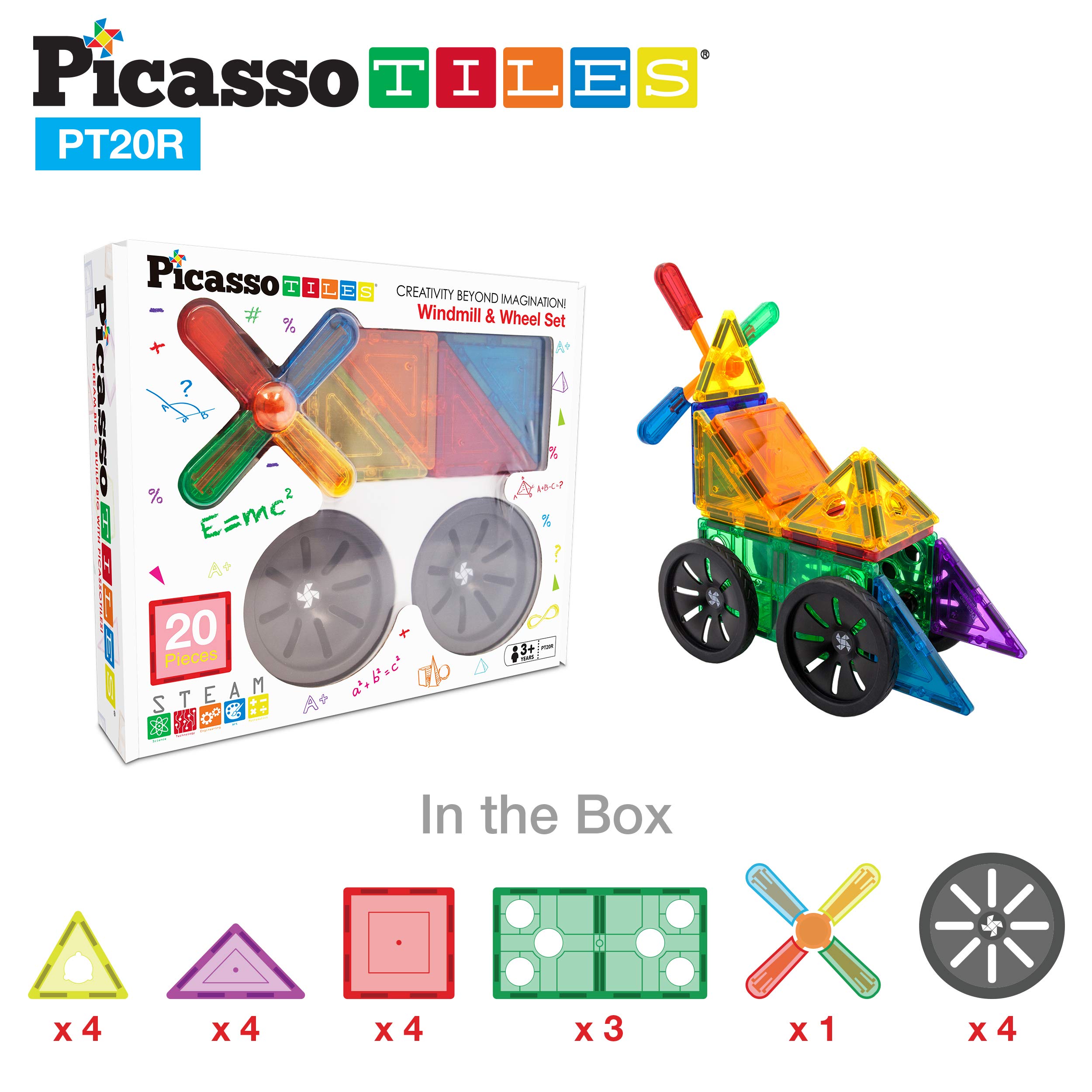 PicassoTiles 20 Piece Magnetic Building Blocks with Detachable Wheels and Windmill Click-in Inserts Magnet Construction Toy Car Set STEM Learning Kit Educational Playset Child Brain Development PT20R